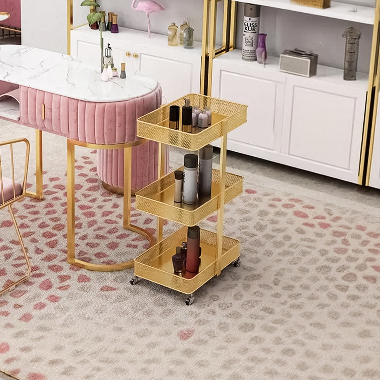 3-Tier Serving Salon Trolley with 4 wheels Gold Color – Dayjour